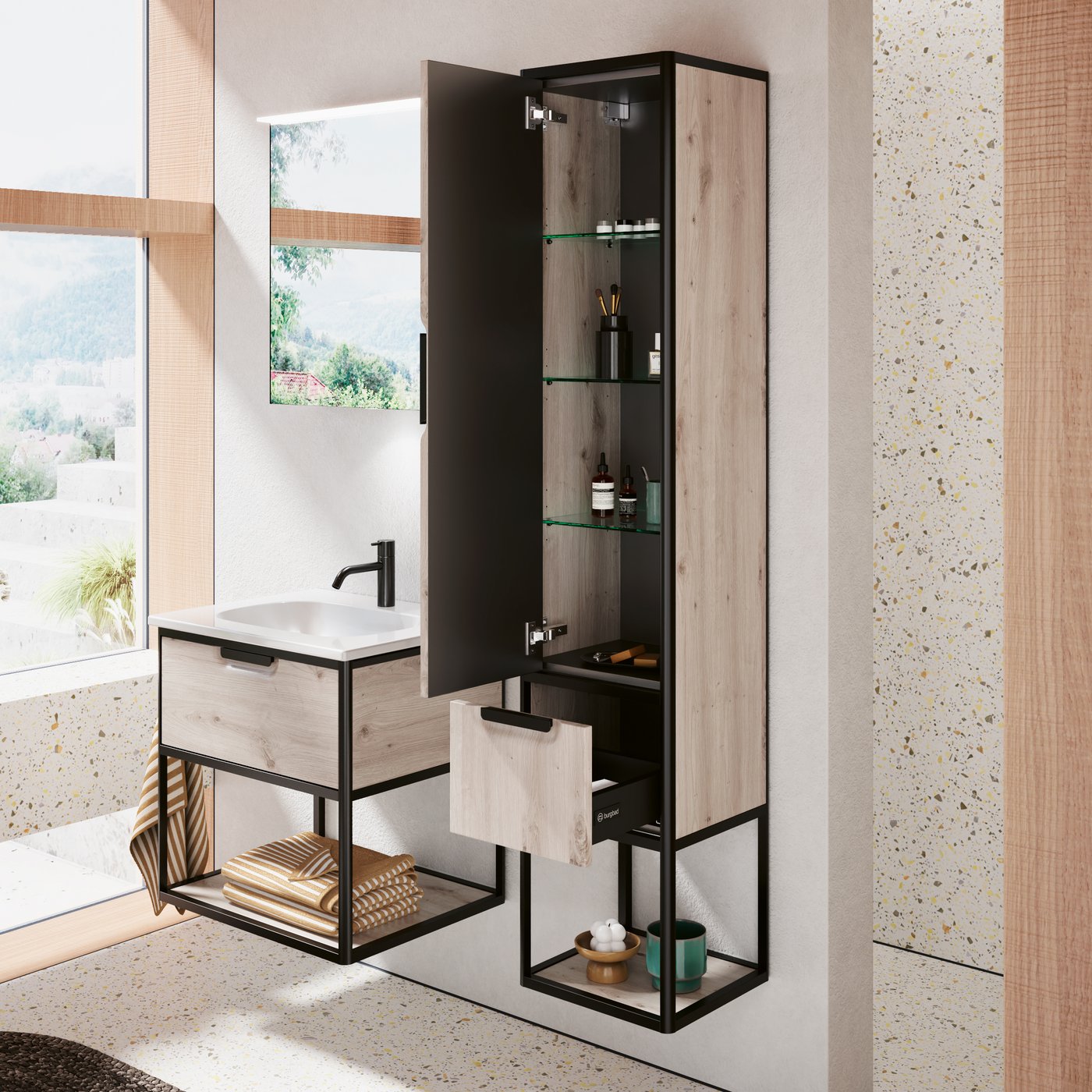Burgbad Vry Colonne, 1 tiroir, 1 porte avec compartiment ouvert, aspect ...