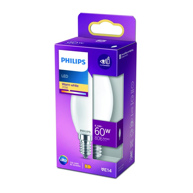 Philips LEDclassic Ampoule LED B35 E14, 2700 K, 6,5 W verre laiteux ...