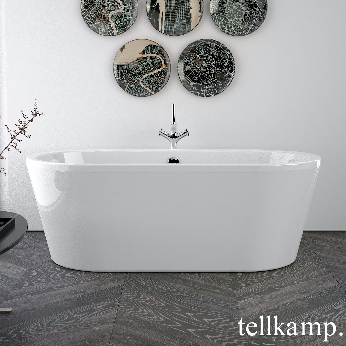 Tellkamp Easy Baignoire ovale en îlot blanc brillant, tablier blanc ...